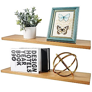 24 Inch Floating Shelves Wall Mounted Set of 2, Rustic Wall Shelves for Decor, Natural Wood Oak Floating Shelf for Bedroom Bathroom , Easy Assembly, Natural Color, 24*6*0.8 (Not for Drywall))