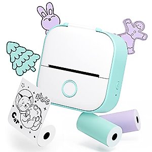 Memoqueen Pocket Sticker Printer T02 Portable Bluetooth Thermal Photo Printer with 3 Rolls Paper for Journal, Memo, Photo,DIY Scrapbook,Travel,Children Women Gifts,Compatible with iOS&Android,Green