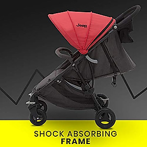 Jeep Gemini Stroller by Delta Children - Full of Features: Easy One-Hand Fold, Recline, Lightweight, Oversized Canopy, 2 Cup Holders, Shock Absorbing Frame, Grey Tweed with Red