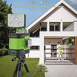 Huepar 3D Cross Line Self-Leveling Laser Level 3 x 360 Green Beam Three-Plane Leveling and Alignment Laser Tool-Switchable Vertical & Horizontal Lines, Li-ion Battery&Portable Tool Bag included