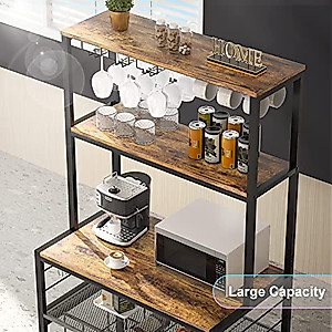 Unikito Wine Rack Table, Modern Freestanding Floor Liquor Bar Table Cabinet with Glass Rack Bottle Shelf, Industrial Wine Bar Cabinet with Storage and Hook for Home Kitchen Dining Room, Rustic Brown