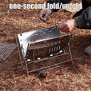 PSKOOK Camping Grills, Stainless Steel Portable Foldable Campfire Charcoal BBQ Grill, Lightweight Fire Pit for Travel, Outdoor Cooking, Bushcraft, Picnics, Garden, Balcony and Beach,Easy to Assemble