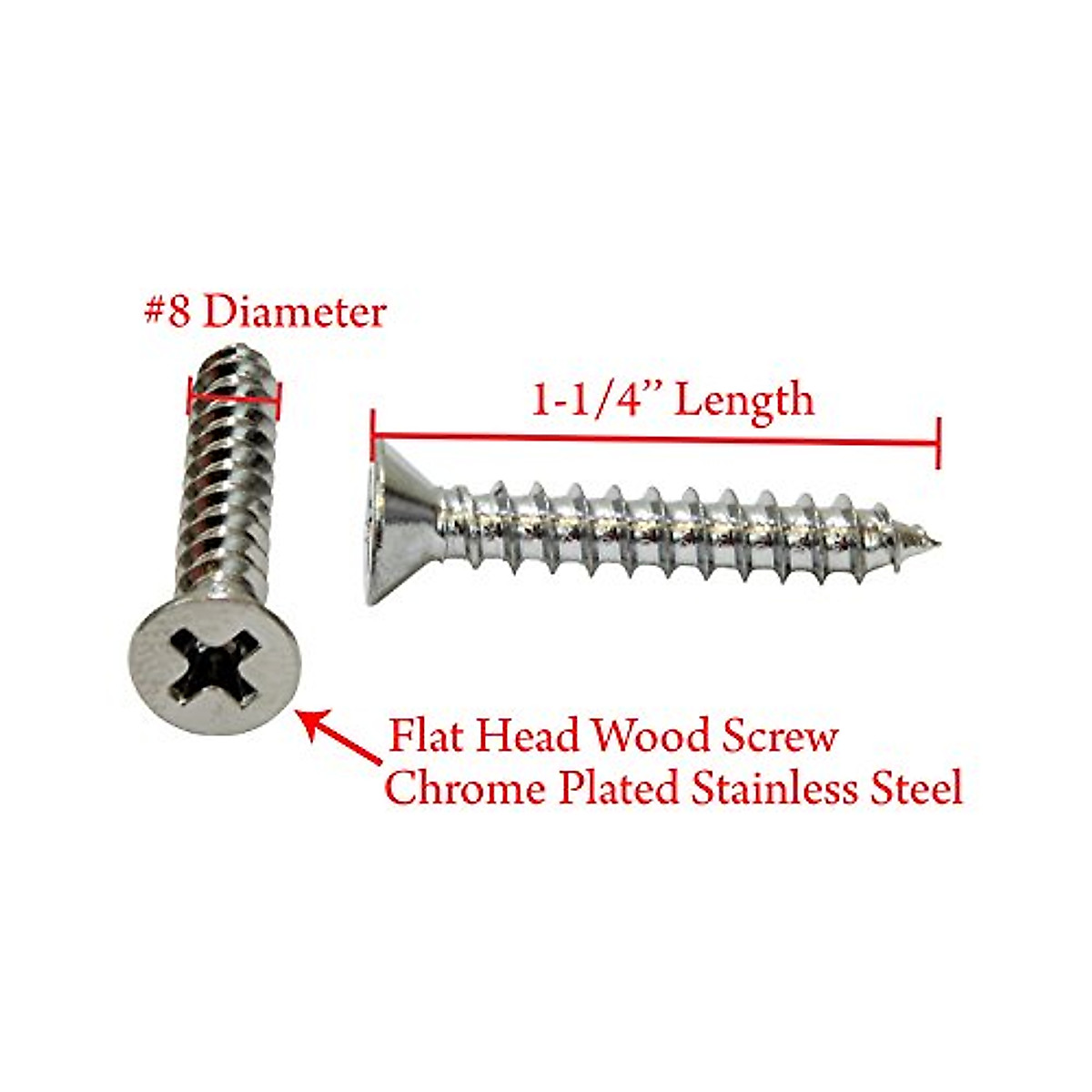 Bolt Dropper 8 x 1-1/4"'' Chrome Coated Stainless Flat Head Phillips Wood Screw, (25 Pack), 18-8 (304) Corrosion Resistant