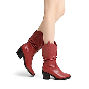 DREAM PAIRS Women's Cowgirl Boots, Mid Calf Western Cowboy Chunky Heel Boots, Slouchy & Pull-on for women SDMB2302W Red Size 9