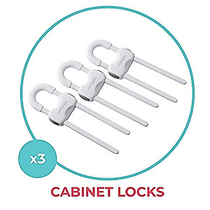 Toddleroo by North States Sliding Cabinet Locks | Keep Side by Side cabinets Safely and securely Closed | Works on Cabinet Handles up to 4.5" Apart | Baby proofing with Confidence (3-Pack, White)