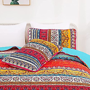 WONGS BEDDING Bohemian Quilt Set California King, Boho Striped Pattern Printed Quilt Coverlet for All Season, Soft Microfiber Boho Bedspread Set 96"x106"(3 Pieces, Blue)