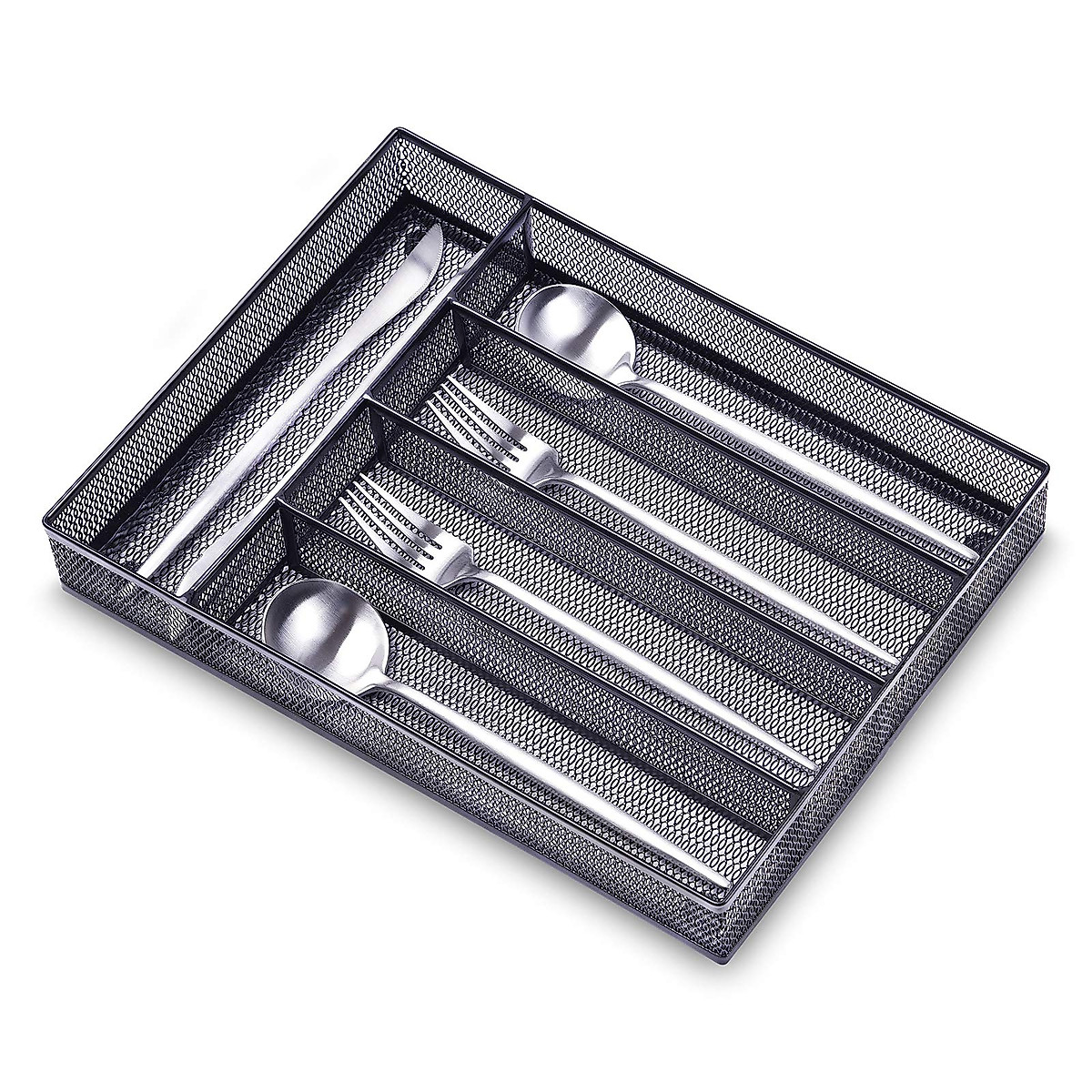 WuGeShop Kitchen Utensil Organizer,Cutlery Holder Organizer in Drawer for Flatware,Utensil Storage Flatware Tray with Anti-slip Mats(Black)