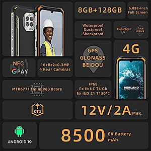DORLAND EX-08 4G Rugged Smartphone, Cell Phone Industrial Intrinsically Safe Outdoor Unlocked Dual SIM 8GB+128GB 5" FHD Screen Android 9.0 IP68 Waterproof Explosion Proof, Black