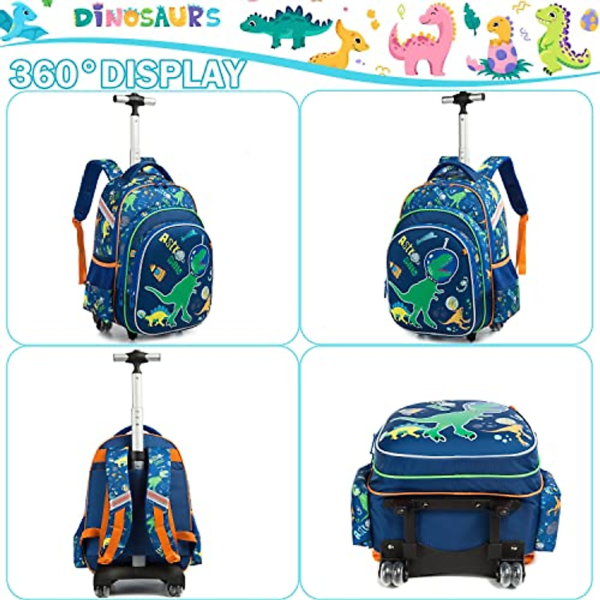 Meetbelify Boys Dinosaur Rolling Backpack Kids Backpacks with Wheels for School Bags Luggage