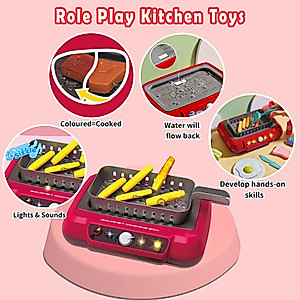 Cewuky Kids Play Kitchen Accessories Toy Set, Toddler Fryer Toy Kitchen, Camping Cooking Playset with Color Changing Play Food, Kids Kitchen Playset with Sound & Light, Kids Toys for Ages 3-5 5-7