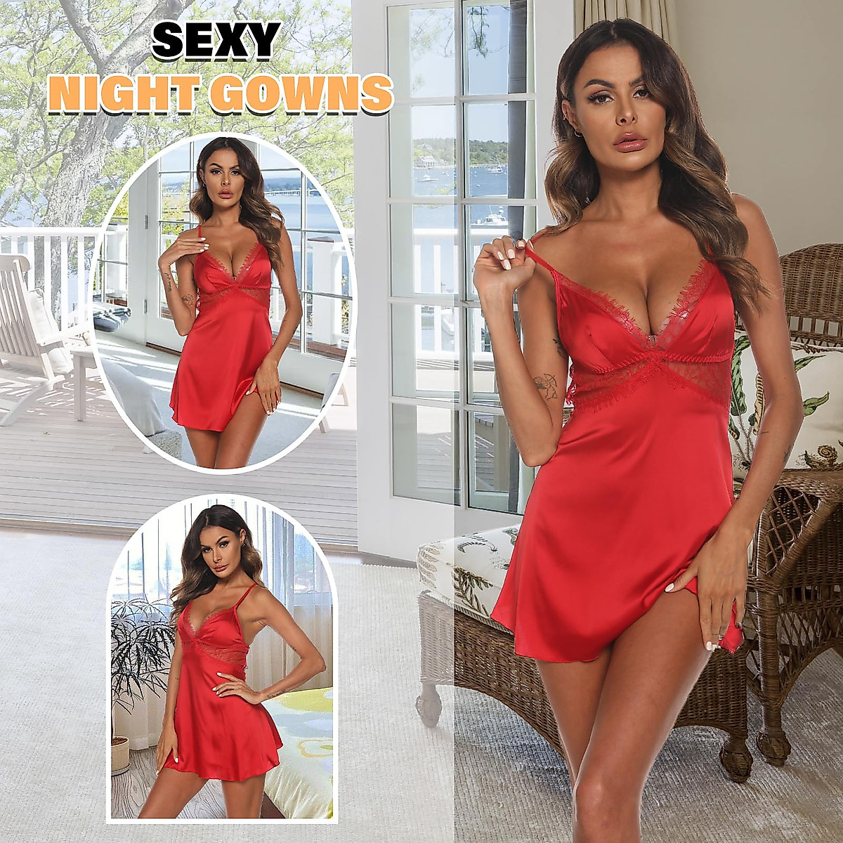 Quzzion Nightgown Sexy Lingerie For Women Nightwear Lace Chemise Sleeveless Slip Dress Babydoll Sleepwear Red