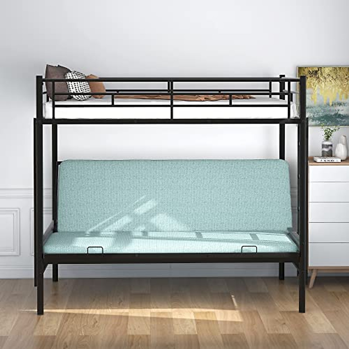 Twin Over Futon/Full Bunk Bed Convertible Metal Bunk Beds Couch and Bed for Kids Boys Girl Adults Teens Dorm, Black