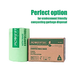 POWERTEC 100% Compostable Bags, 8 Gallon (30 Liter), 50 Count | Extra Thick 0.85 Mil Kitchen Food Scrap Waste Bags, ASTM D6400, US BPI and European OK Compost Home Certified