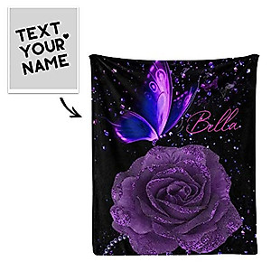 CUXWEOT Custom Blanket Personalized Purple Butterfly Rose Soft Fleece Throw Blanket with Name for Gifts Sofa Bed (50 X 60 inches)