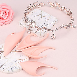 Didder 2 Pairs Elf Ears & Rhinestone Leaf Tiara Set, Fairy Ears Crown Headband Wedding Tiaras for Women Elf Ears Cosplay Accessories Fairy Costume for Women Halloween Elven Vampire