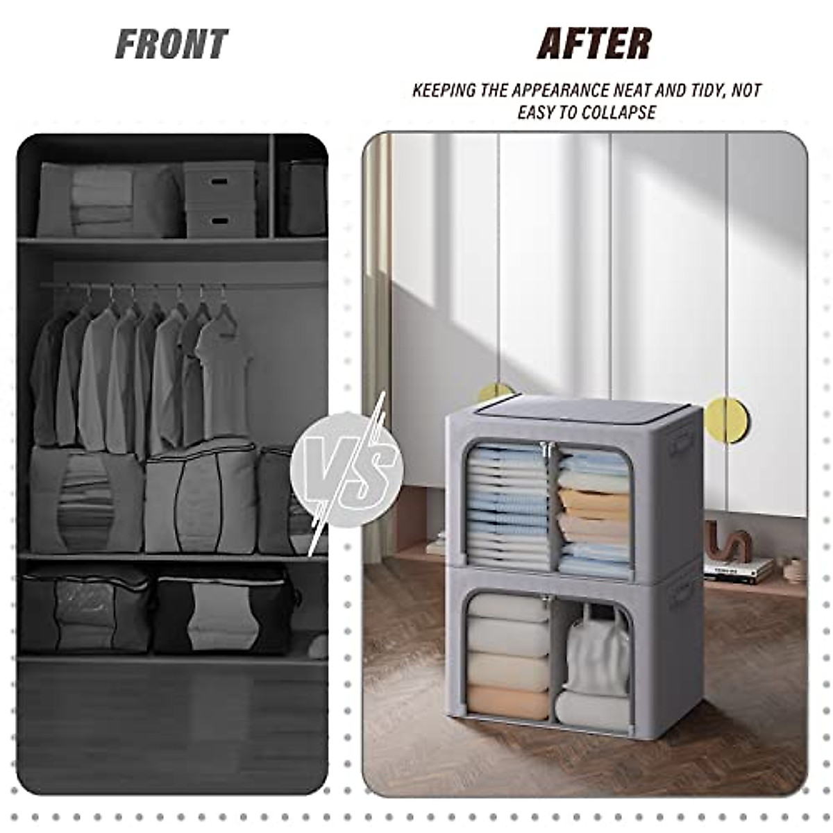 2Pack Stackable Storage Bins Oxford Frame Storage Box with Clear Window, Label Holder, Durable Carry Handles (Light Grey, 3x36L-15.7x11.8x11.8)