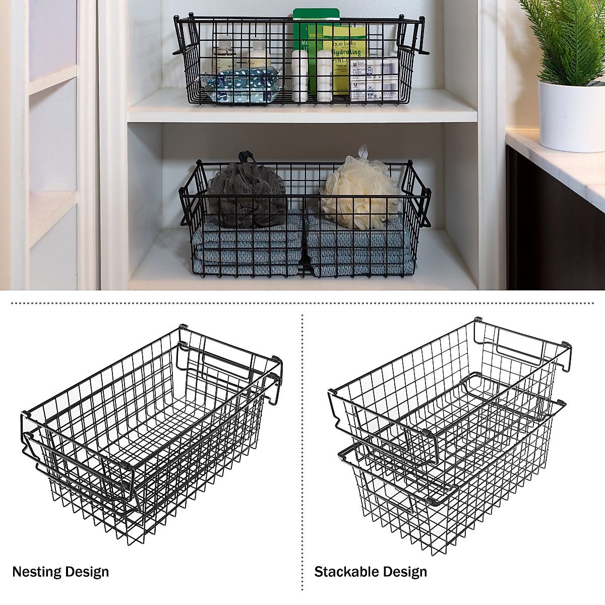 Home-Complete Nesting Storage Bins Stackable Wire Baskets, Set of 2, Medium, Black, 2 Each