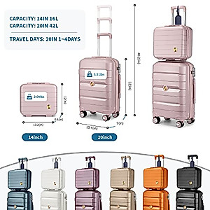 Somago 20IN Carry On Luggage and 14IN Mini Cosmetic Cases Travel Set Hardside Luggage with Spinner Wheels Lightweight Polypropylene Suitcase with TSA Lock (2-Piece Set (14/20), Nude Pink)