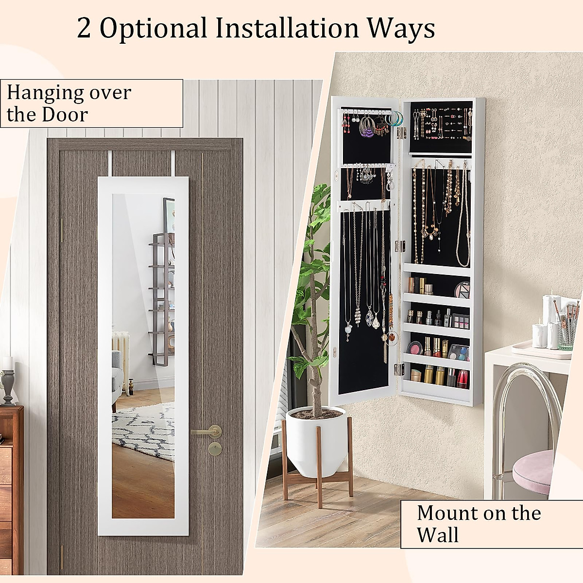 TOMENGBEIAABBCC SPPRANDOM HOMGX Mirrored Wall-Mounted Jewelry Cabinet, Lockable Door Mounted Jewelry Armoires, Full Length Dressing Mirror Jewelry Organizer with 5 Storage Shelves, White