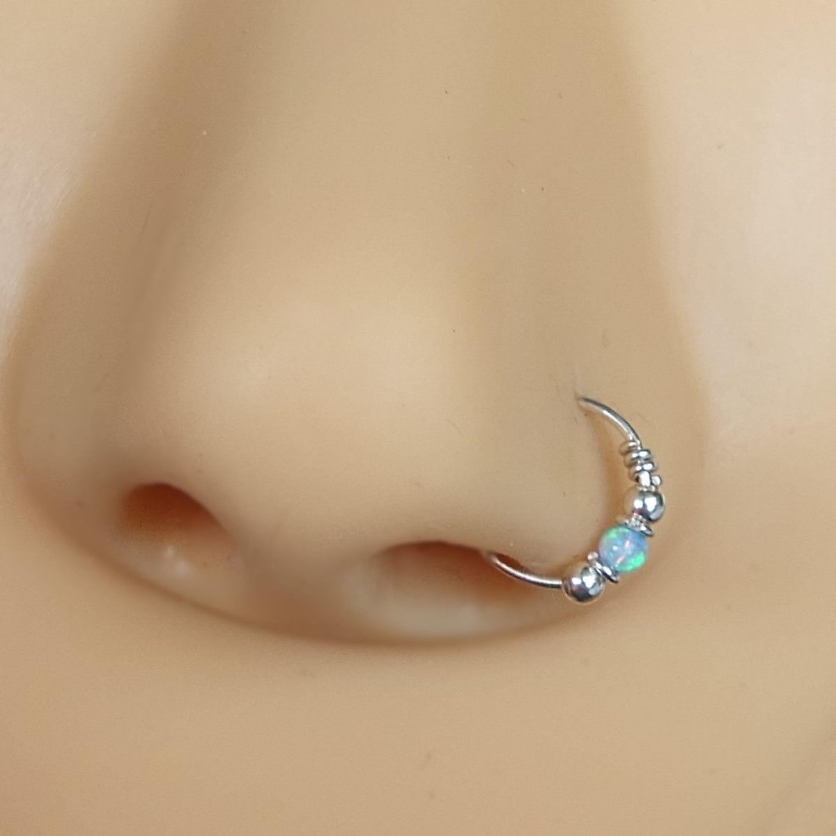 Handmade Silver 2Pcs 9MM Nose Ring Cartilage Helix Piercing Hoops with 2mm Blue Opal, 925 Sterling Silver Tiny 9MM Thin 22Gauge Hoop for women, by MiYa Jewelry