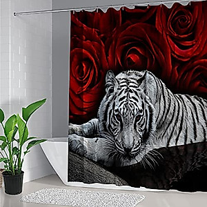XVWJ Red Rose Tiger Shower Curtain Sets with Rugs Toilet Lid Cover and Bath Mat, Waterproof Animal Shower Curtain with Hooks, Romantic Flower Tiger Bathroom Sets with Shower Curtain and Accessories