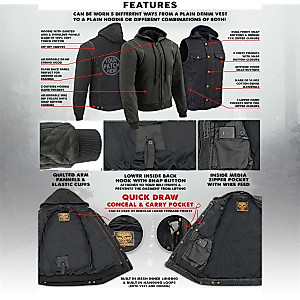 Milwaukee Leather MDM3020 Men's Black Denim '5-in-1' Club Style Vest with Removable Hoodie - Large