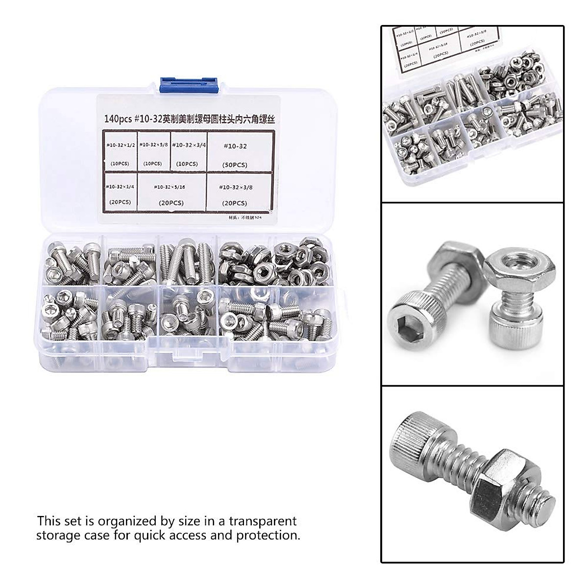140Pcs #10-32 Stainless Steel Hex Socket Cap Hd Bos Hex Screw Assoment Kit, with Plastic Storage Box