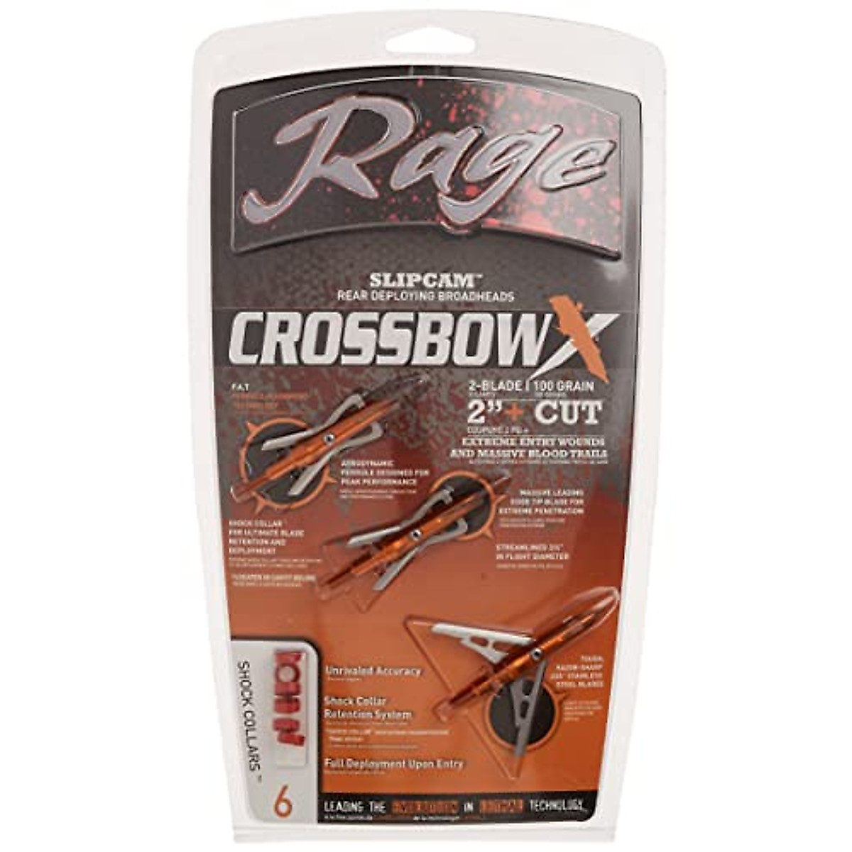 RAGE Crossbow X, 2-Blade Archery Arrow Broadhead, 100 or 125 Grain with Shock Collar Technology (3-Pack)
