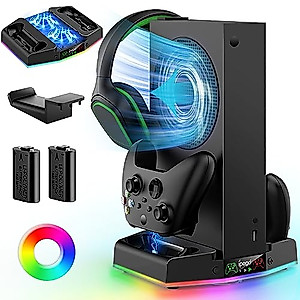 Cooling Stand for Xbox Series S with Charging Station & RGB Light, MENEEA Low Noise Fan for Console & Fast Charger of Controller, Accessories with 2 * 1400mAh Rechargeable Batteries, Headphone Hook