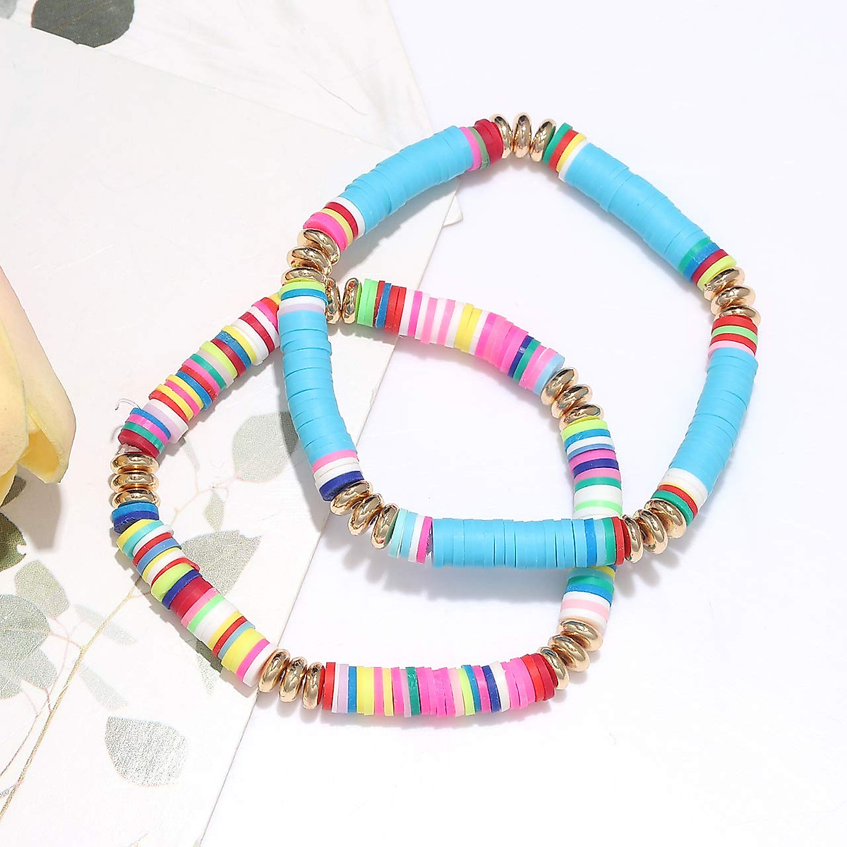 NVENF Heishi Bracelets Rainbow Vinyl Disc Bead Stretch Bracelets for Women Bohemia Stackable Surfer Bracelets for Girls Summer Beach Vacation Accessory (Style A)