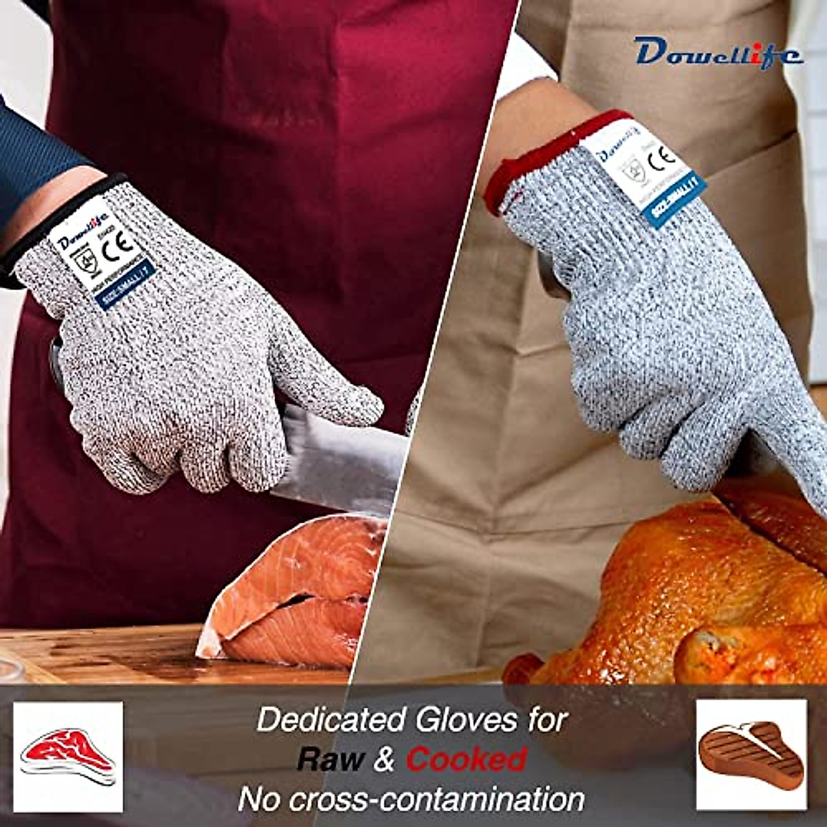 Dowellife Cut Resistant Gloves Food Grade Level 5 Protection, Safety Kitchen Cuts Gloves for Oyster Shucking, Fish Fillet Processing, Mandolin Slicing, Meat Cutting and Wood Carving. (X-Large-2 Pairs)