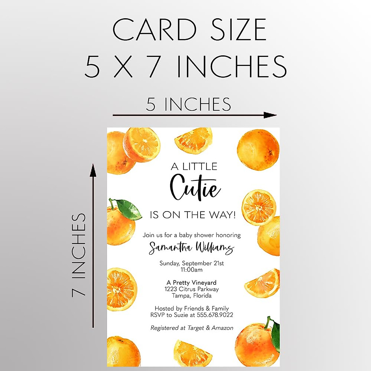 Baby Shower Invitation Oranges Cuties Citrus Tangerine Tropical Lil Cutie Little Summer Unisex Sprinkle Customized and Printed Personalized Cards (12 Count)