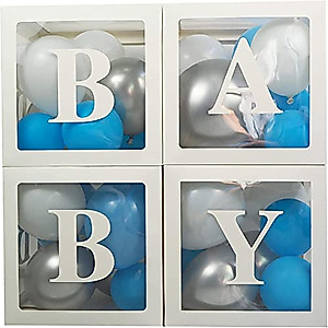 ToBsoft 4pcs Baby Shower Boxes with 52 Letters (2 Set A-Z ) Letters and 32 Balloons White Clear Balloon Box Blocks for Baby Shower and Birthday Party, Blue