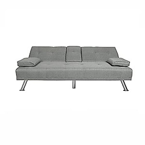 Verfur Convertible Futon Bed with Cupholders,Modern Upholstered Loveseat Sleeper, Folding Lounge Recliner Comfy Sofa & Couches Sofabed, Light Gray 66.2" Linen