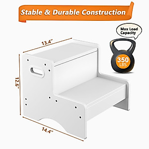 White Wooden Step Stool for Kids, 2 Step Safety Kids Stepping Stool for Bathroom Kitchen Bedroom with 350 lbs Capacity, Toddler Step Stool Children's Stool Potty Stool