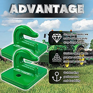 VONLX 2 PCS 3/8 Inch Tractor Bucket Grab Hook Grade 70 Forged Steel Bolted to Grab Hook Tow Hook Bracket with Support Plate, Galvanized Finish, Fit for Tractor Bucket, RV, UTV, Truck, Green
