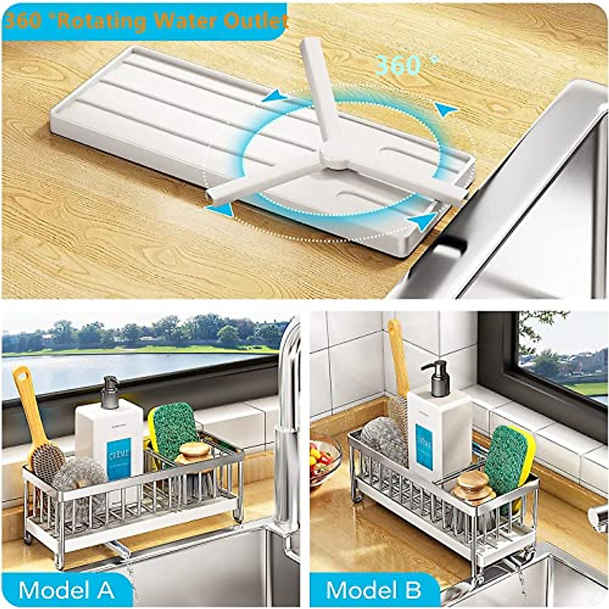 JYFKINN Kitchen Sink Sponge Holder, Kitchen Sink Caddy 304 Stainless Sponge Holder for Kitchen Sink Sponge Organizer with Divider Diversion Drainage, Dish Soap Dispenser Brush Holder Storage