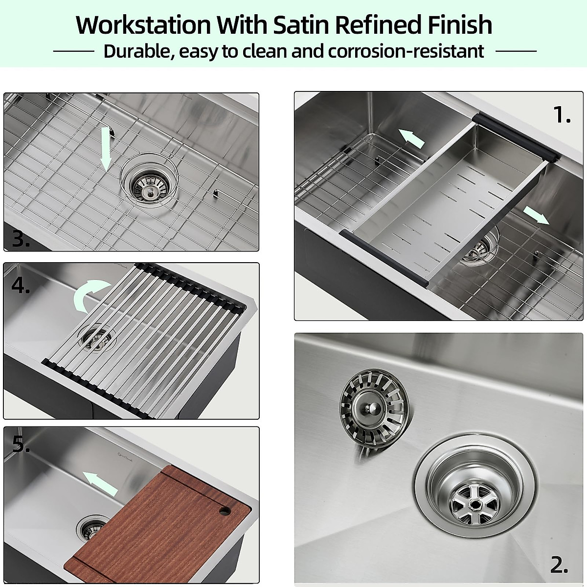 EcoChannels Undermount Kitchen Sink, 33 x 19 Inch Sink Kitchen 16 Gauge Stainless Steel Kitchen Sinks Single Bowl Workstation Sink with Cutting Board