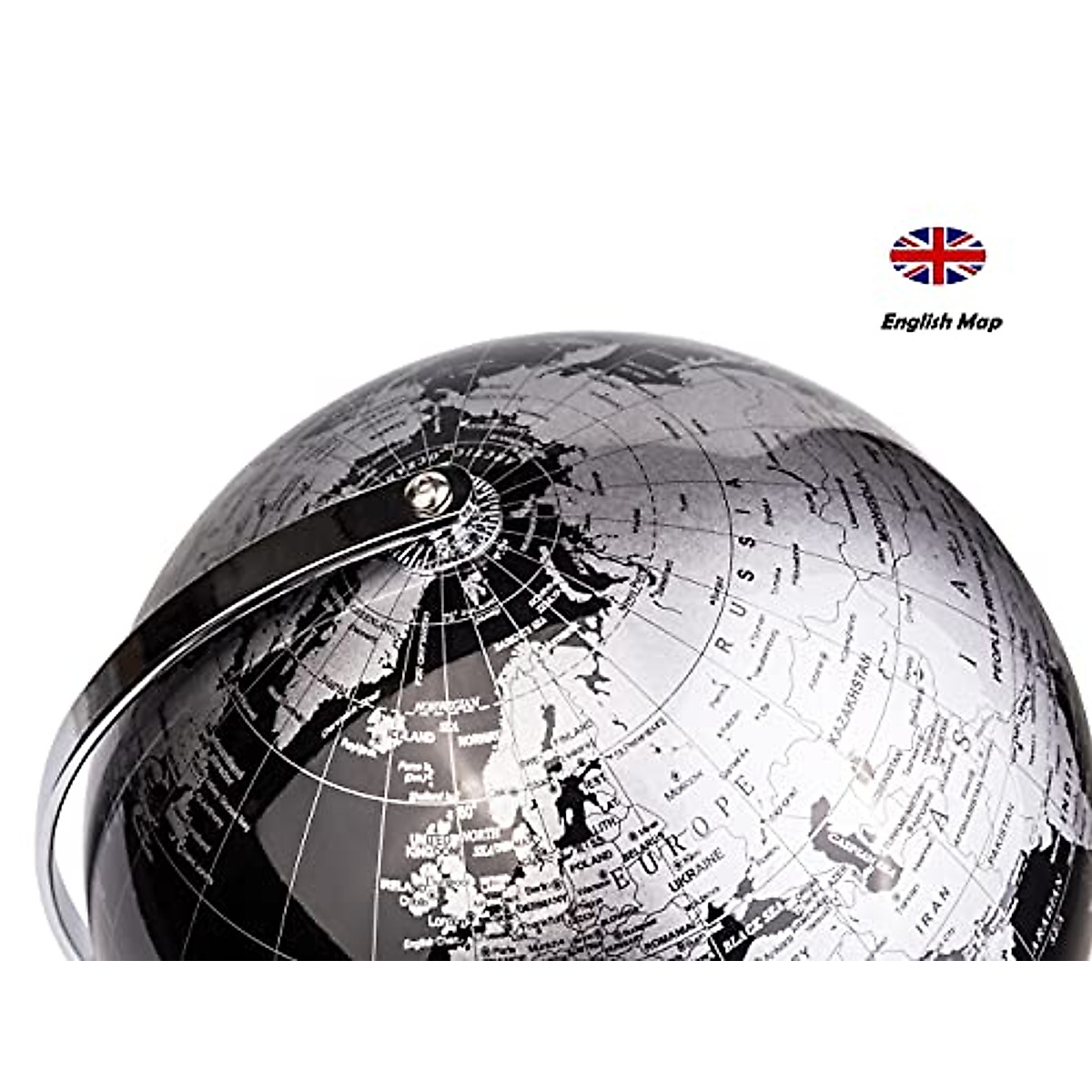 Exerz 8" World Globe Black - Stainless Steel Arc and Base - Educational/Geographic/Modern Desktop Decoration - Metallic Black