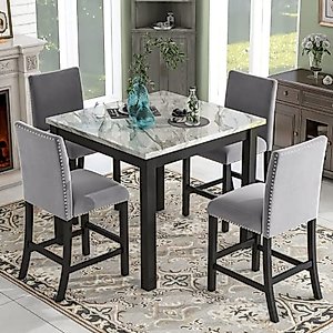 TRIPLE TREE 5-Piece Counter Height Dining Table Set with One Faux Marble Dining Table and Four Upholstered-Seat Chairs,Counter Height Dining Set Suitable for Kitchen and Living Room, Gray