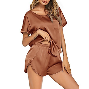 Ekouaer Women Satin Pajama Set Short Sleeve Lightweight Silk Pajama Set 2 Piece Lounge Sets with Shorts Dark Brown
