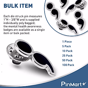 PinMart Semicolon Mental Health Awareness Pin – Silver Plated Black Enamal Lapel Pin for Suicide Awareness and Prevention - Secure Clutch Back for Hats, Scarves and Backpacks