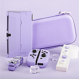 FUNDIARY Carrying Case for Nintendo Switch OLED, Cute Storage Carry Case for Switch OLED Accessories with Flip Case, Screen Protector, Adjustable Shoulder Strap, Wrist Band and 4 Thumb Caps (Purple)