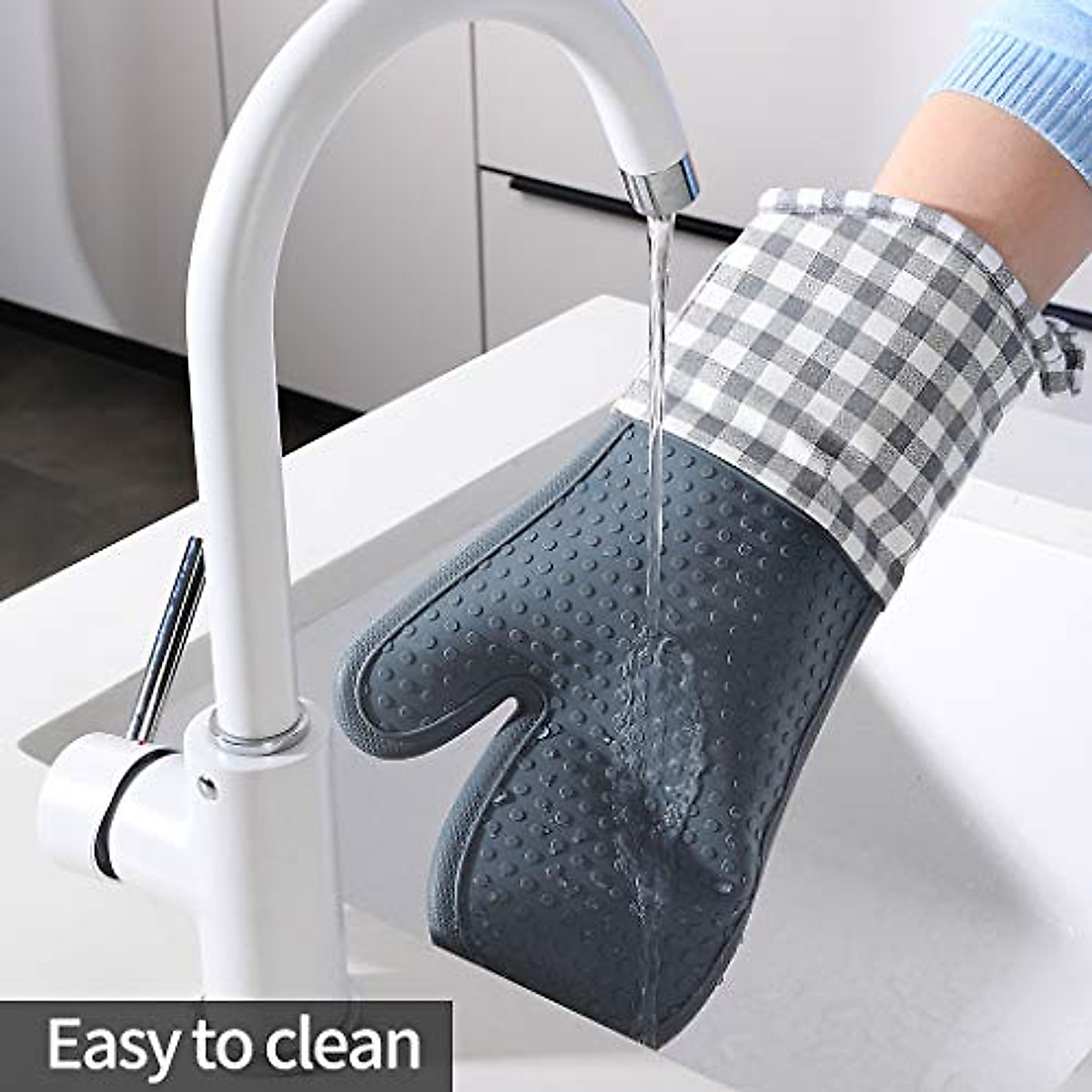 HMHP, Silicone Oven Mitts and Pot Holders 4pcs Sets Kitchen Oven Gloves High Heat Resistant Long Non-Slip Oven Mitt with Quilted Liner and Cotton Hot Pads Potholders Kitchen Baking Cooking (Grey)