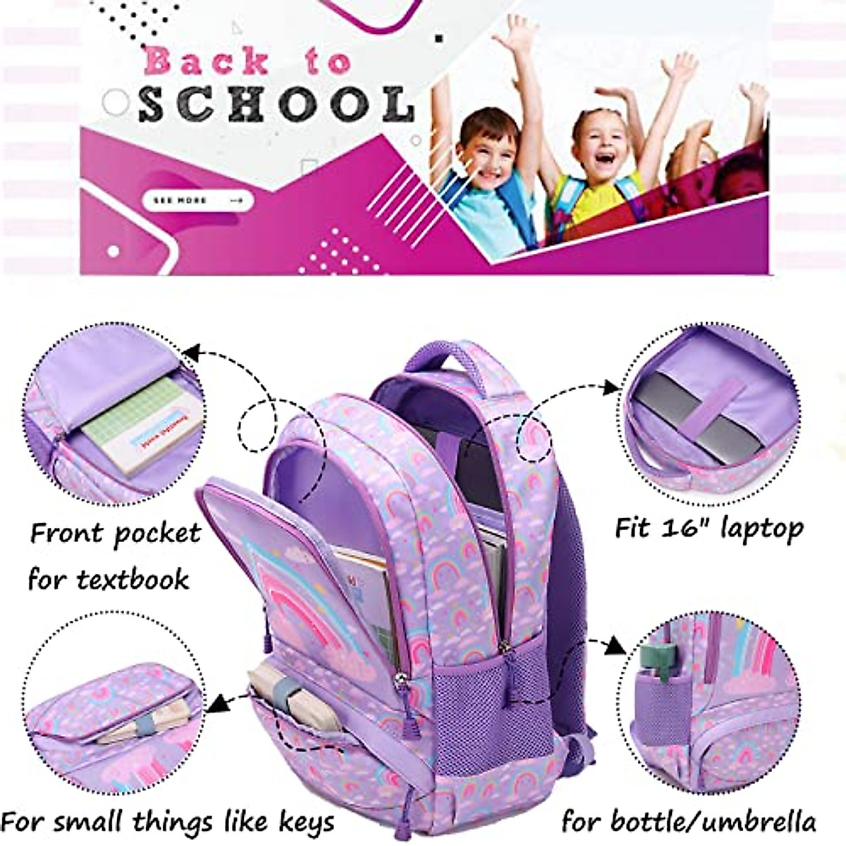 Jumpopack Rainbow Backpack for Girls School Backpack for Elementary Backpacksfor Girls Lightweight Water Resistance Back to School Bag Preschool Kids Bookbag,Rainbow Print