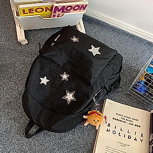 JHTPSLR Vintage Aesthetic Backpack Preppy Backpack Patches Stars Retro Stars Backpack Dark Academia Aesthetic Backpack (Black)