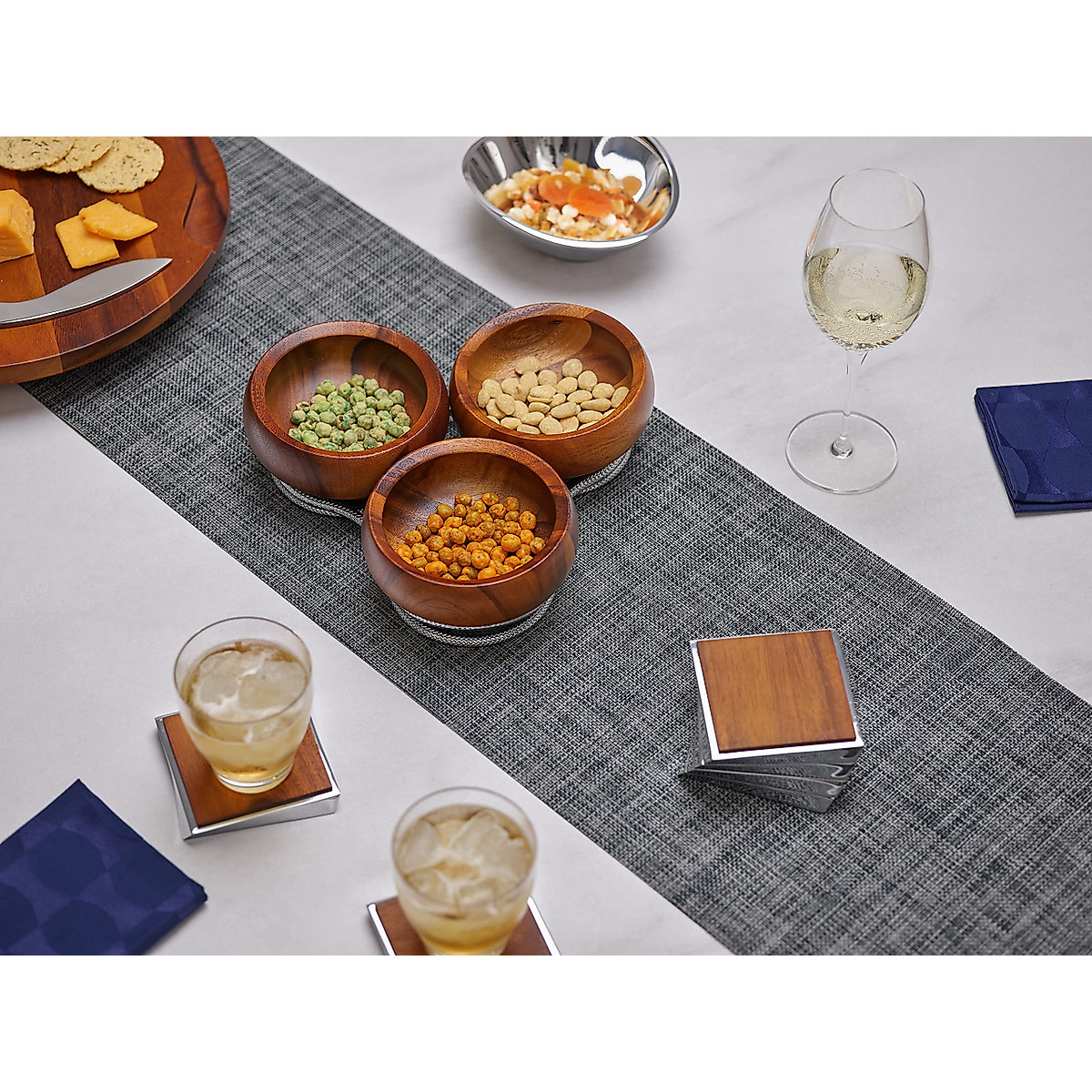 nambe Twist Coaster 6-Piece Set | Wooden Drinks Coasters for Tabletop Protection | Made of Acacia Wood and Metal Alloy | Unique Sculptural Design for Coffee Table or Bar Décor | 4.25 Inches