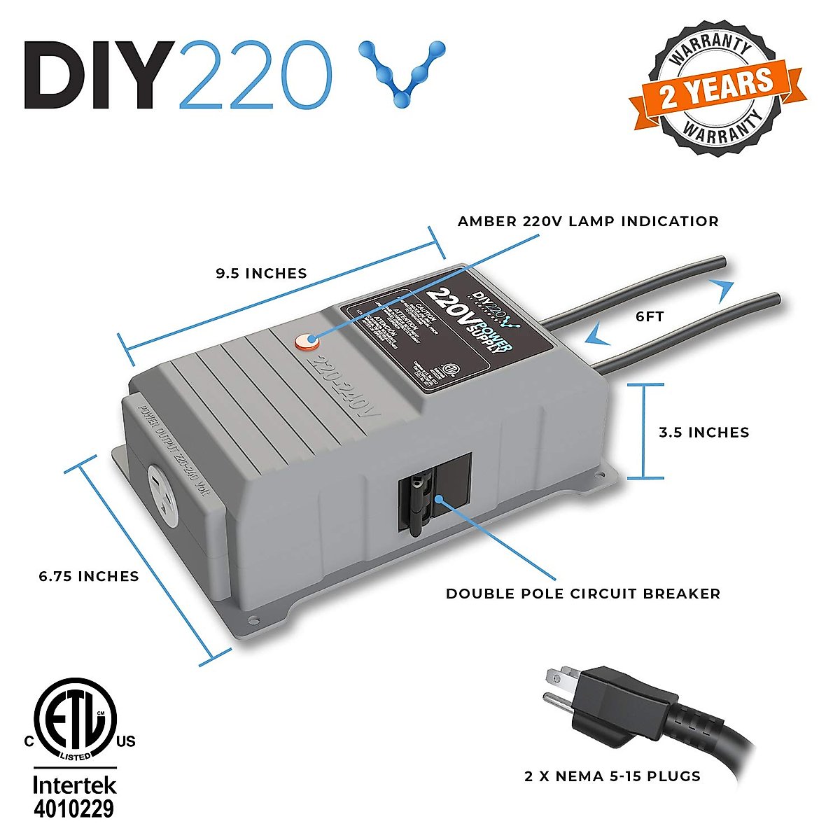 K KRIËGER DIY220 Quick Connect 220V Power Supply, Power 208-240 Volts from Two Separate 110/120V AC Circuits, 220V 15A AC Output Outlet with GFCI Outlet Circuit Tester