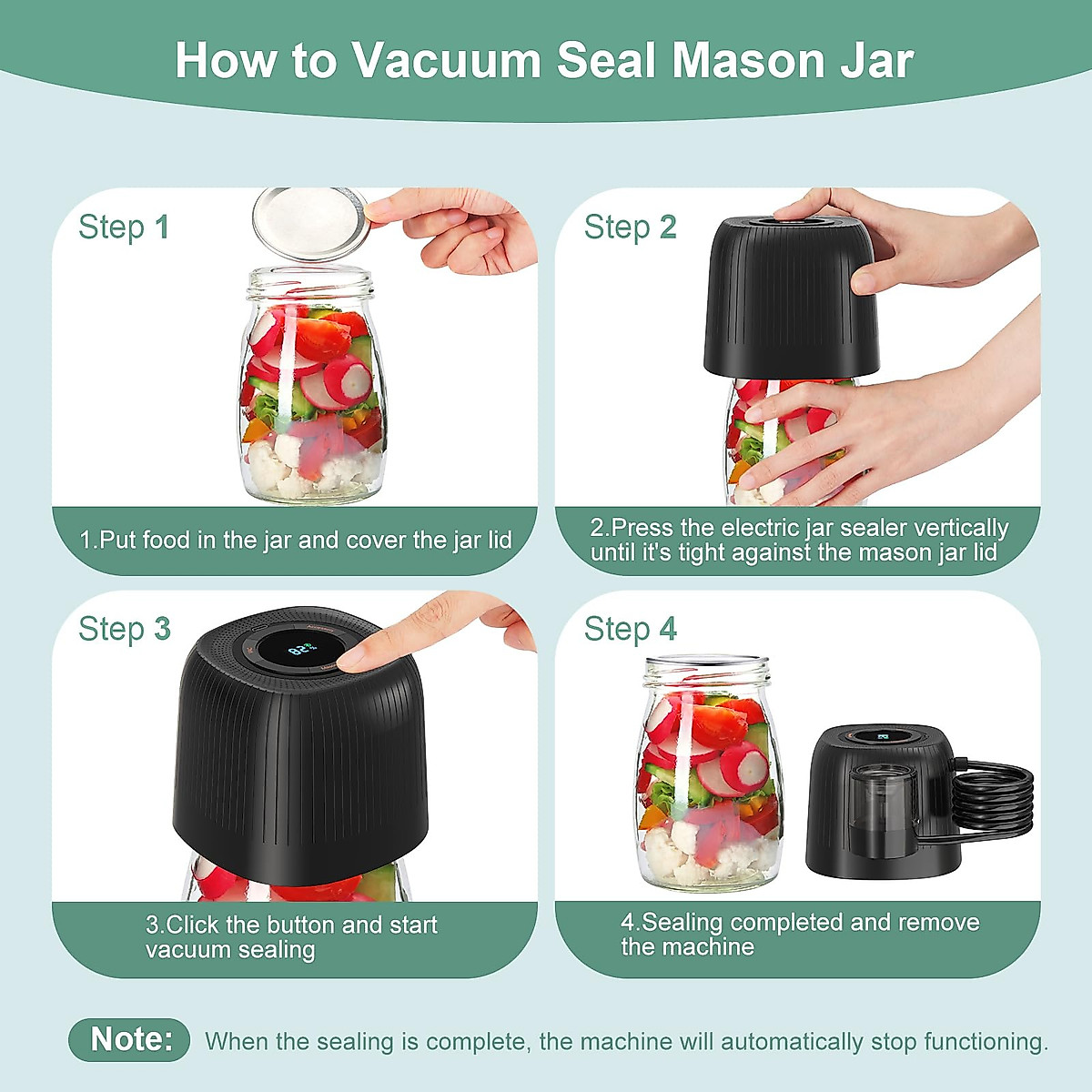 Electric Mason Jar Vacuum Sealer Kit for Wide and Regular Mouth, HUIJUTCHEN Cordless Mason Jar Sealer Vacuum Kit with LED Display for Power, Work Time, Mason Jar Sealer Vacuum (Auto Pause)