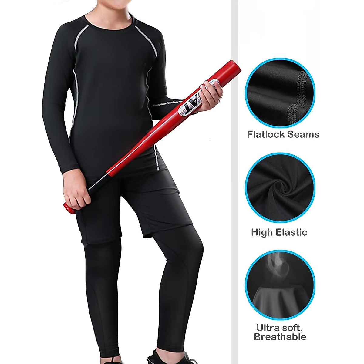 HOPLYNN 4 Pack Youth Boy’s Compression Pants Leggings Tights Quick Dry Athletic Base Layer Under Pants Gear for Kid’s Football Basketball Sports -2 Black 1 Blue 1 Grey-M